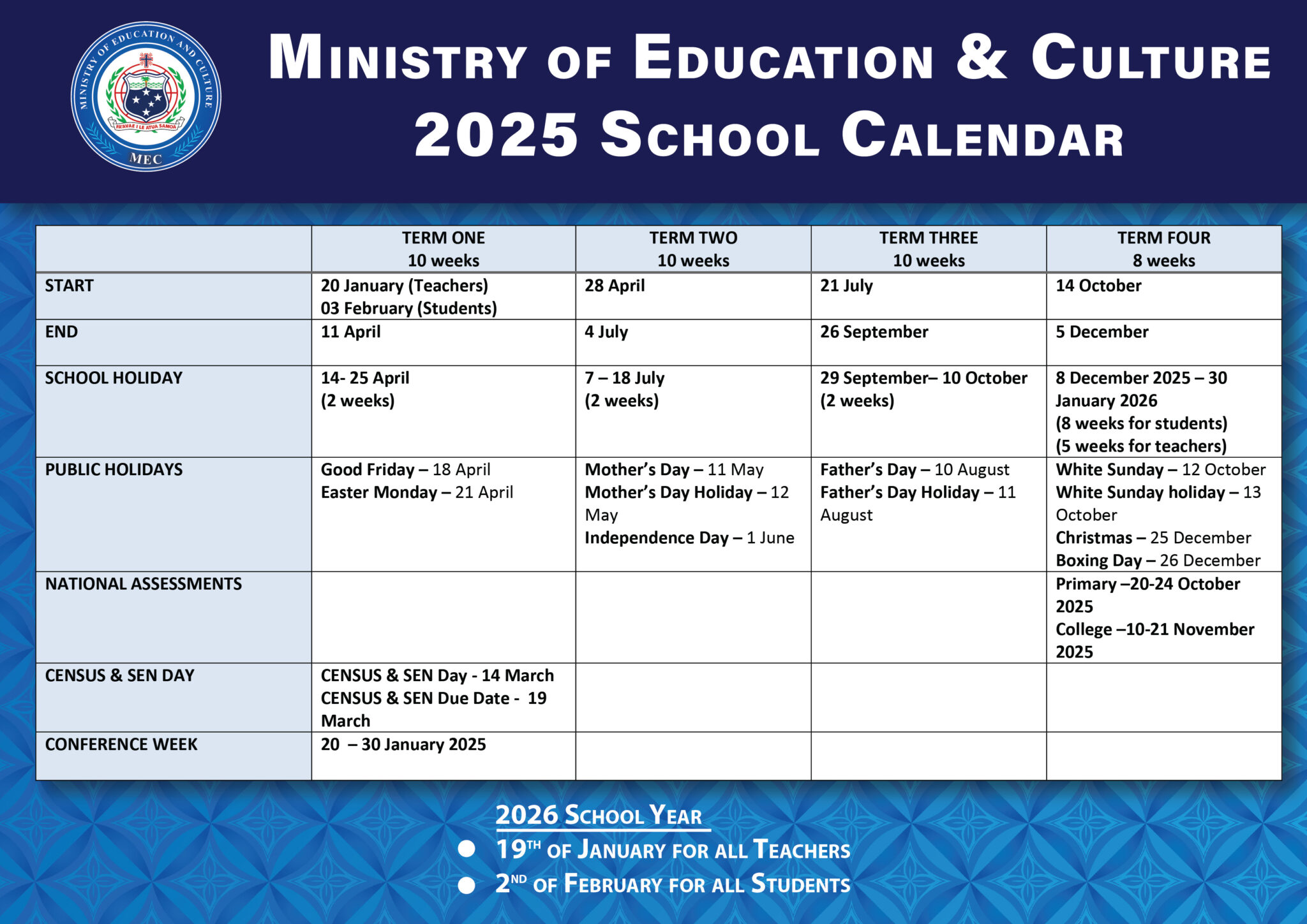 School Calendar – Ministry of Education and Culture